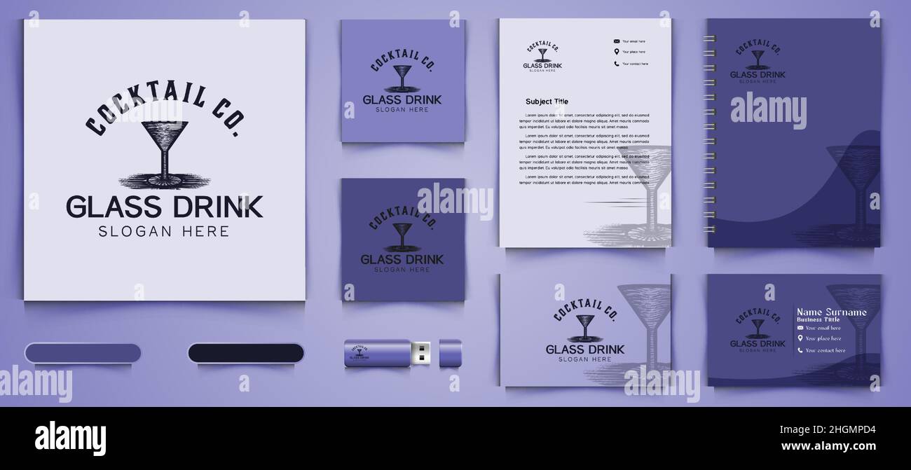 hand drawn of glass, cocktail logo and business branding template ...