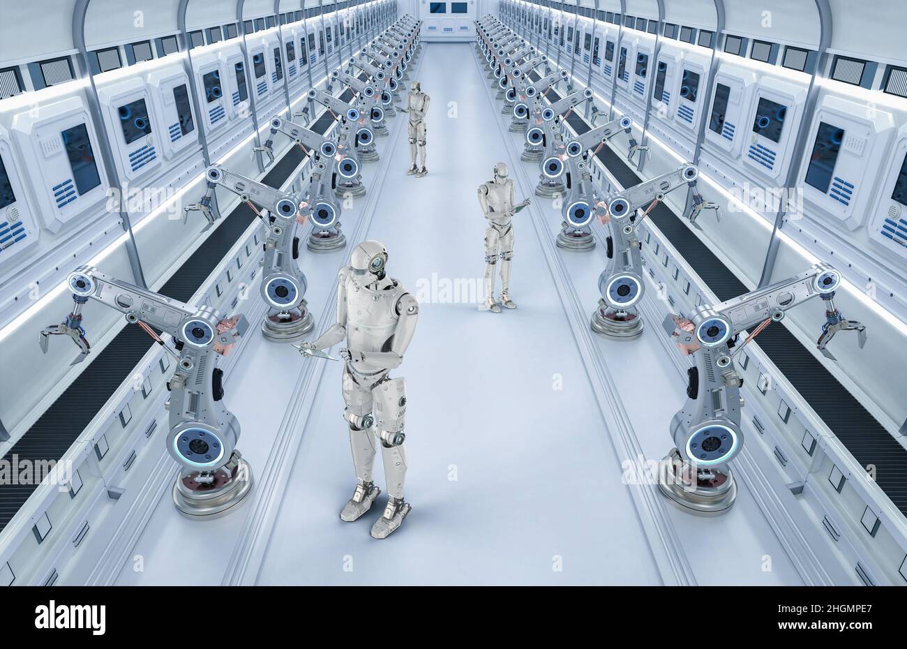 Automation industry concept with 3d rendering robot assembly line in ...