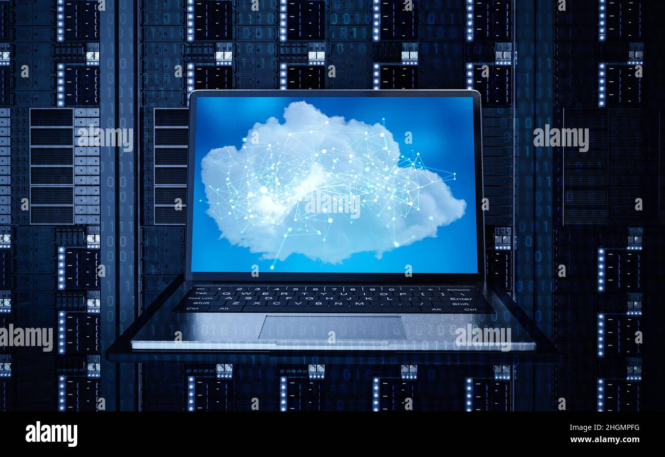 Cloud computing technology with 3d rendering cloud on computer notebook ...