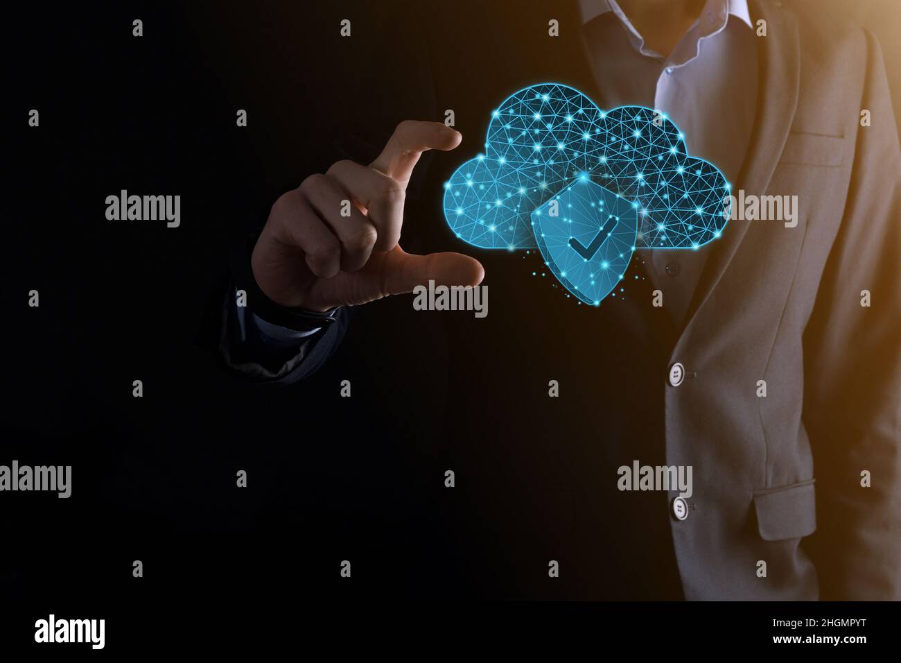 Cloud technology. Polygonal wireframe cloud storage sign with shield ...