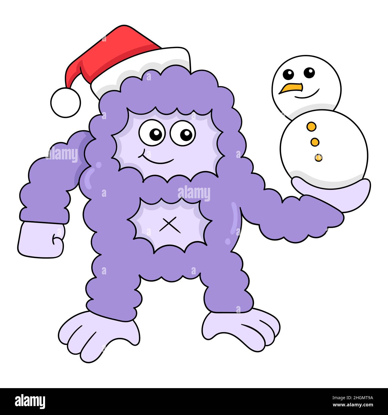 thick furry creature holding christmas snowman, vector illustration art ...