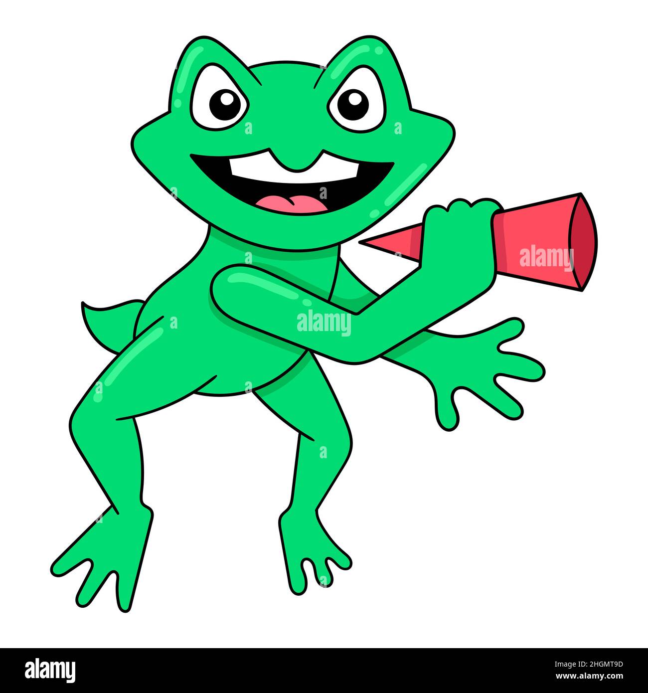 green frog holding a party trumpet, vector illustration art. doodle ...
