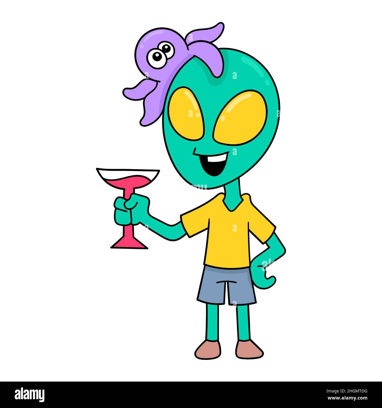 alien holding a wine glass, vector illustration art. doodle icon image ...