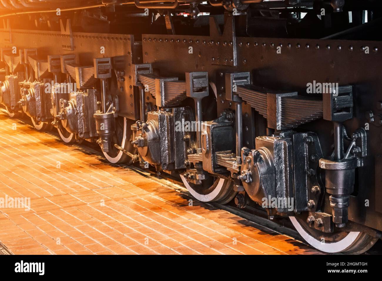 Wheels of a train a carriage, wheels with a white rim Stock Photo - Alamy