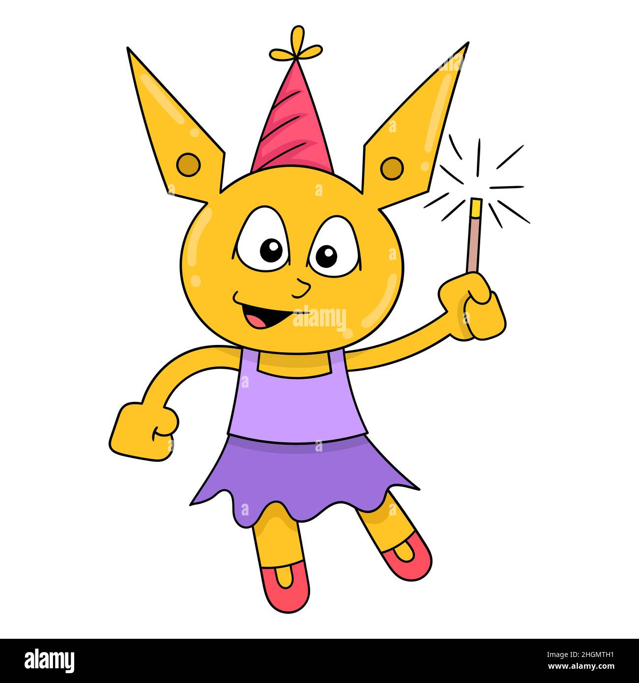 yellow female cat carrying fireworks, vector illustration art. doodle ...