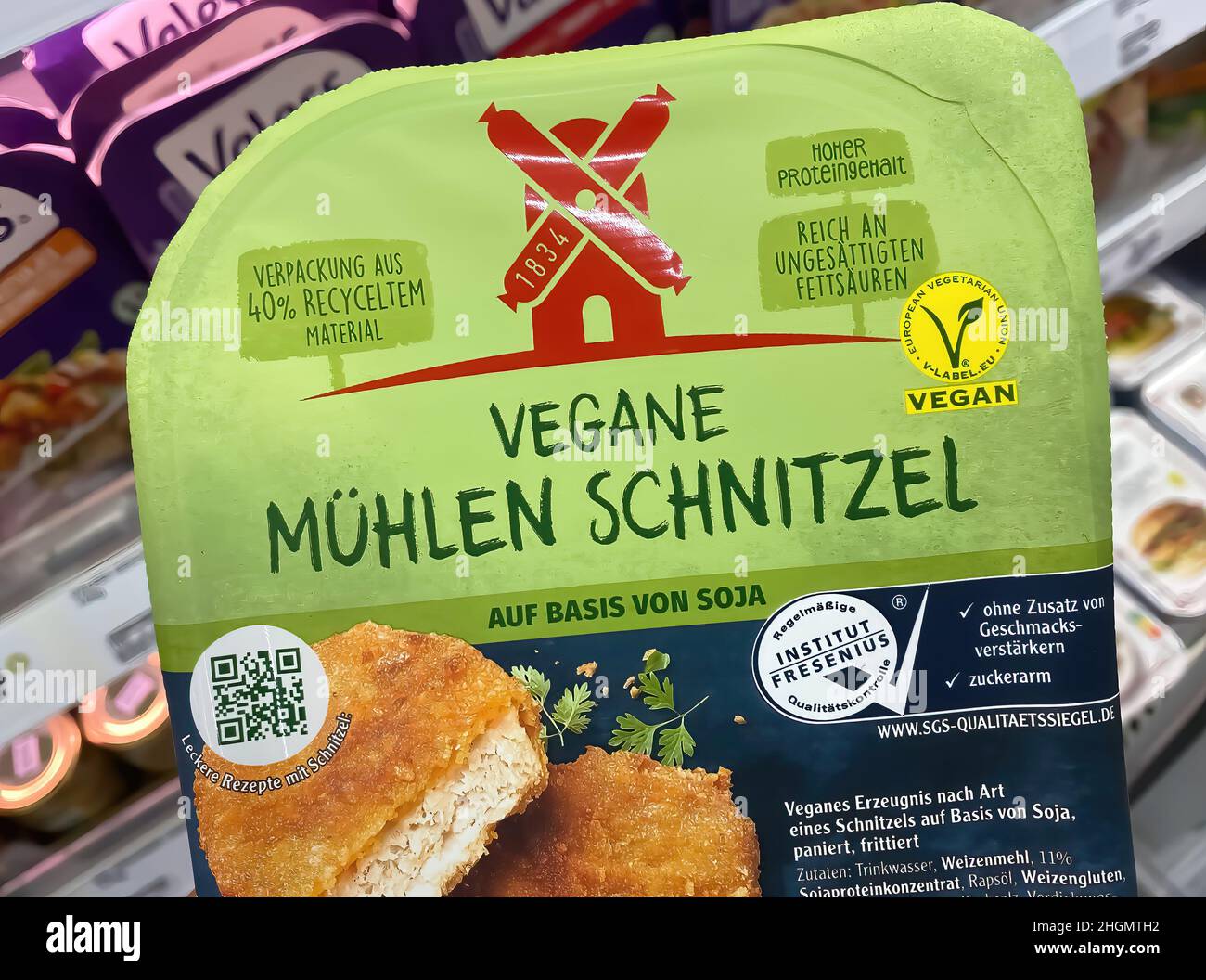 Viersen, Germany - January 9. 2022: Closeup of packet with vegan ...
