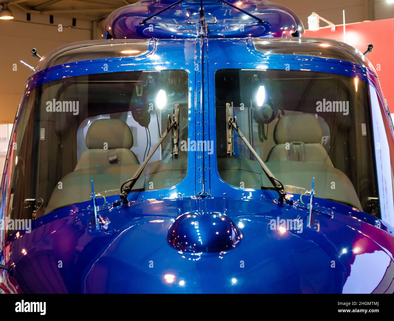 Helicopter pilot cabin close-up with windshield and pilot seat Stock ...