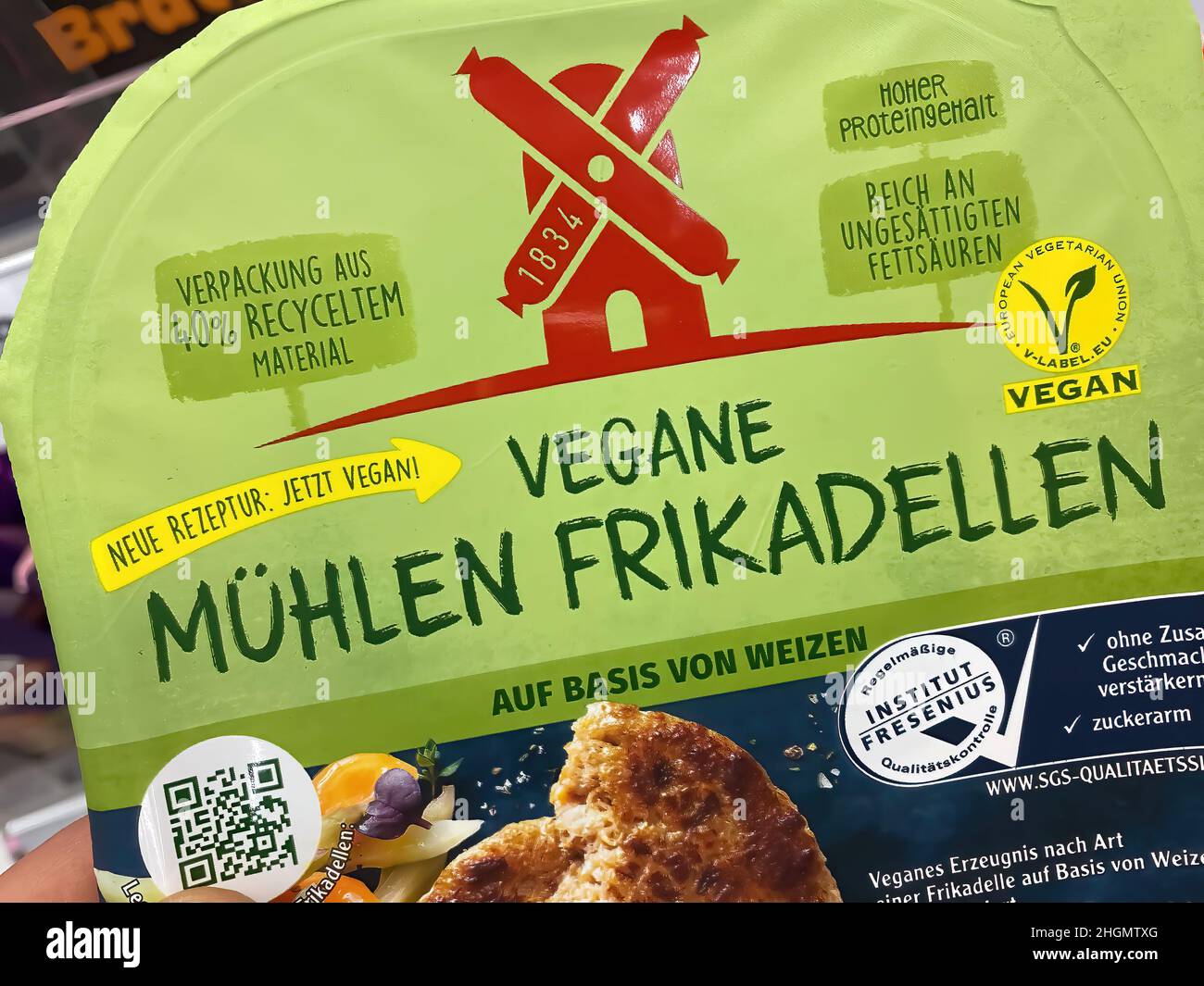 Viersen, Germany - January 9. 2022: Closeup of packet wheat based vegan ...