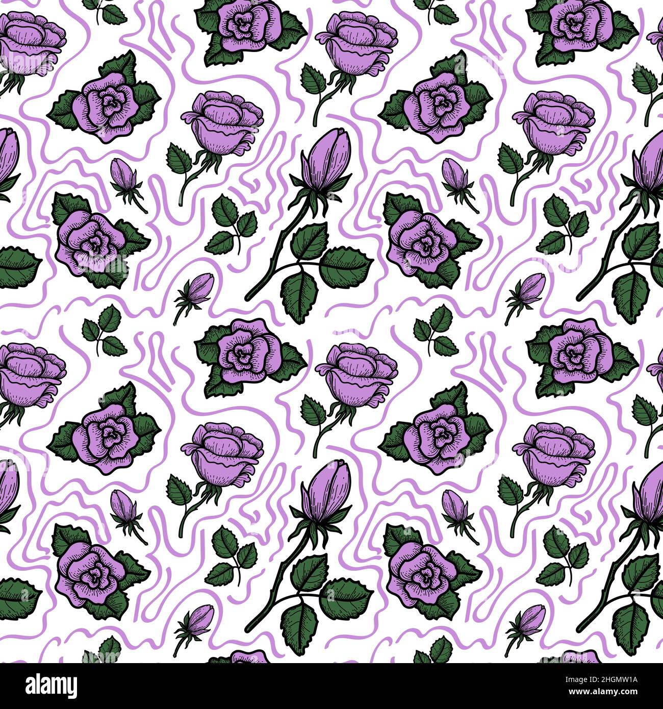 Seamless rose pattern, hand-drawn doodle-style elements. Purple roses ...