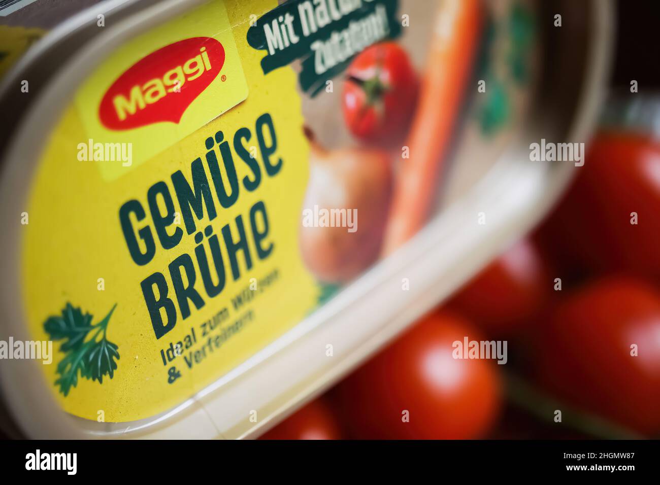 Viersen, Germany - January 9 .2022: Closeup of box with maggi vegetable ...