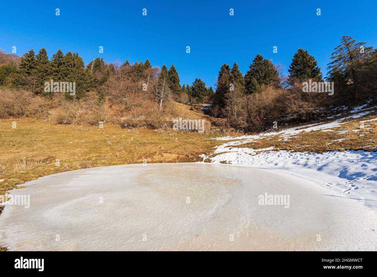 Small frozen lake for cows on Lessinia Plateau Regional Natural Park ...