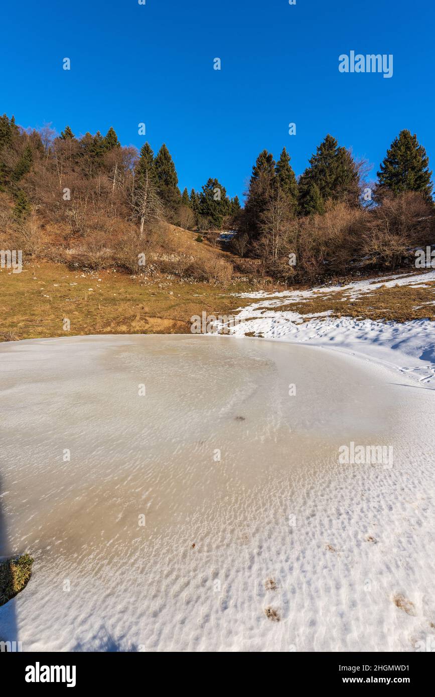 Small frozen lake for cows on Lessinia Plateau Regional Natural Park ...