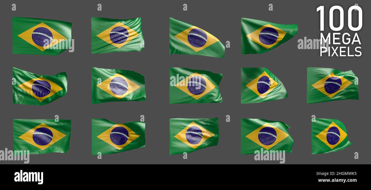 many various realistic renders of Brazil flag isolated on grey ...