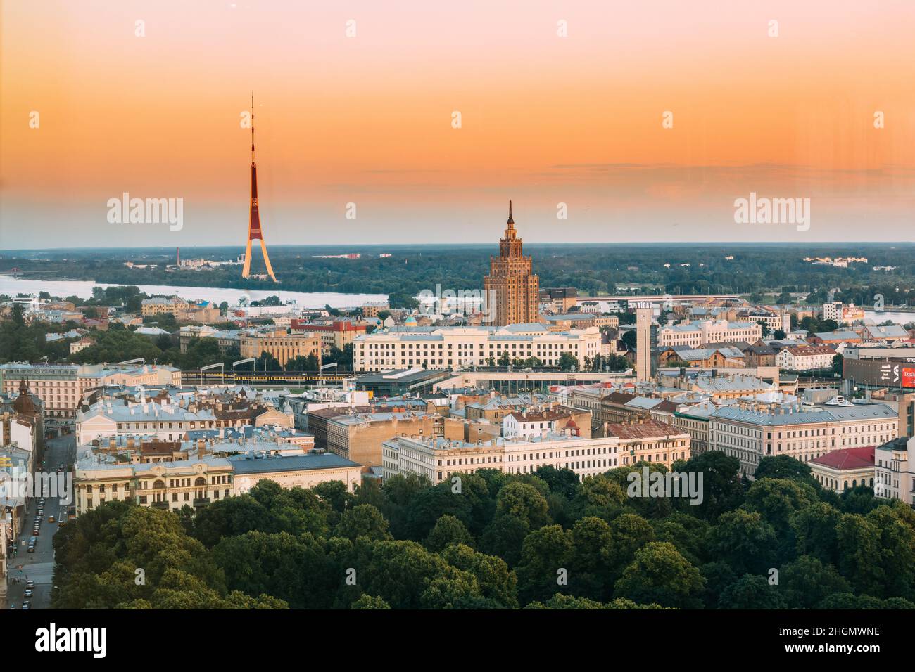 Riga, Latvia. Cityscape. Top View Of Riga Television Tv Tower And ...