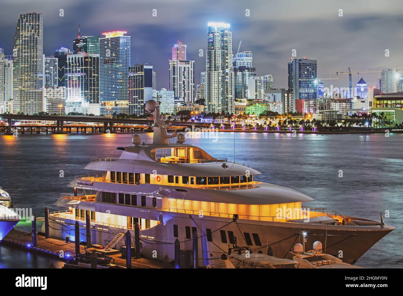 Miami night downtown. Yacht or boat next to Miami downtown Stock Photo ...