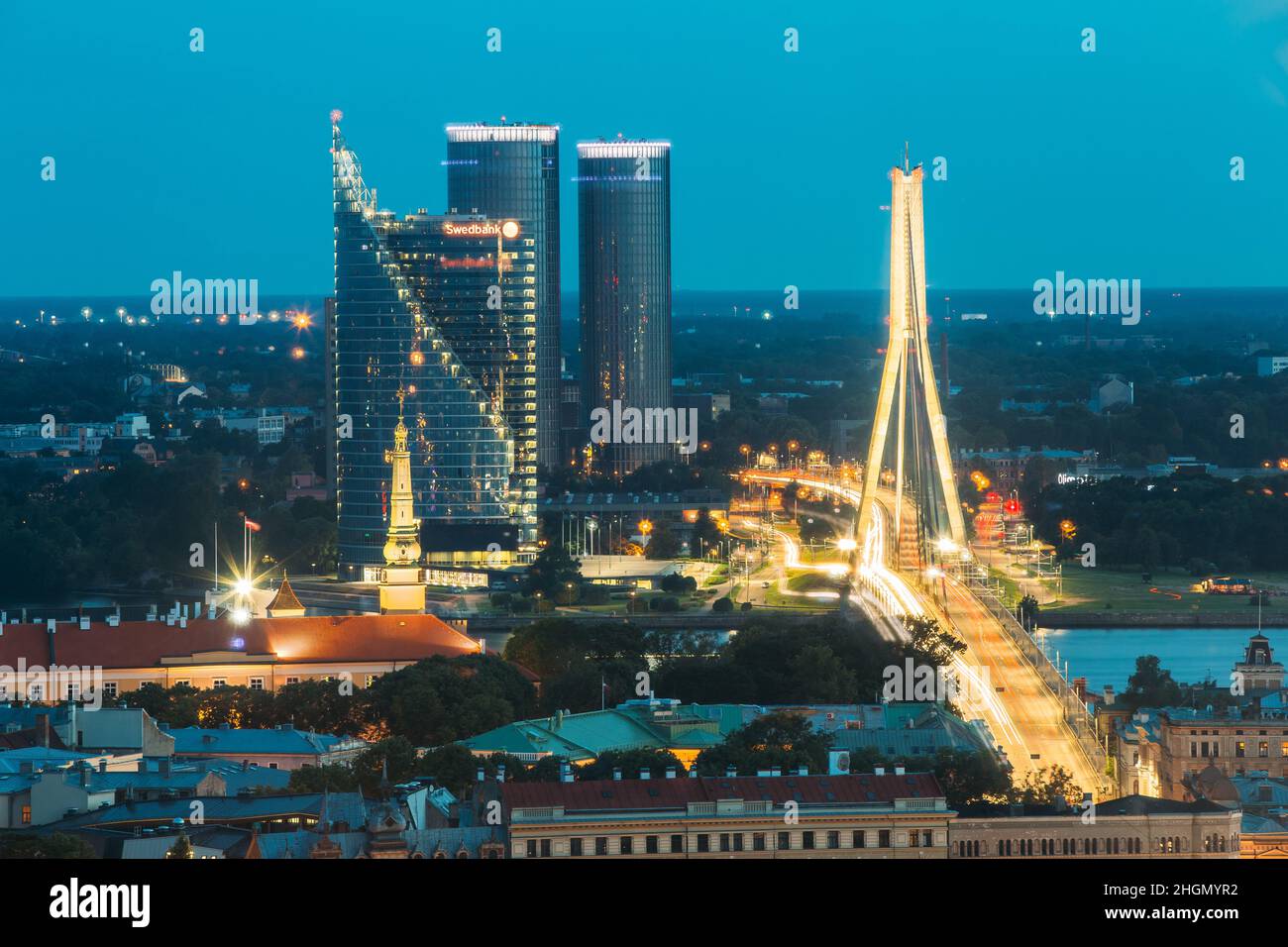 Riga, Latvia. Aerial View Of Cityscape In Evening Night Lights ...