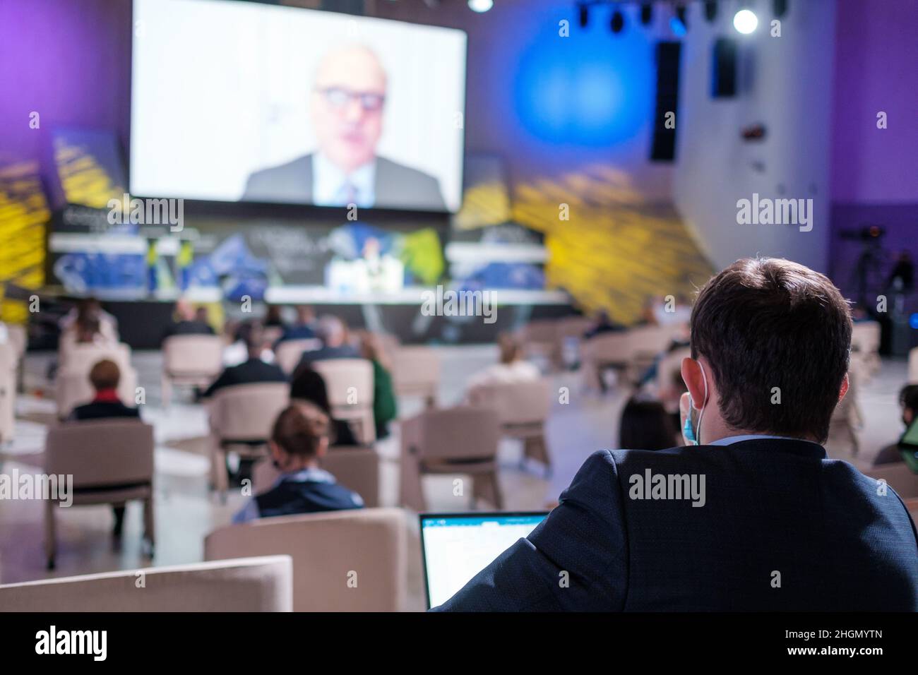 Online speaker talking to audience Stock Photo - Alamy