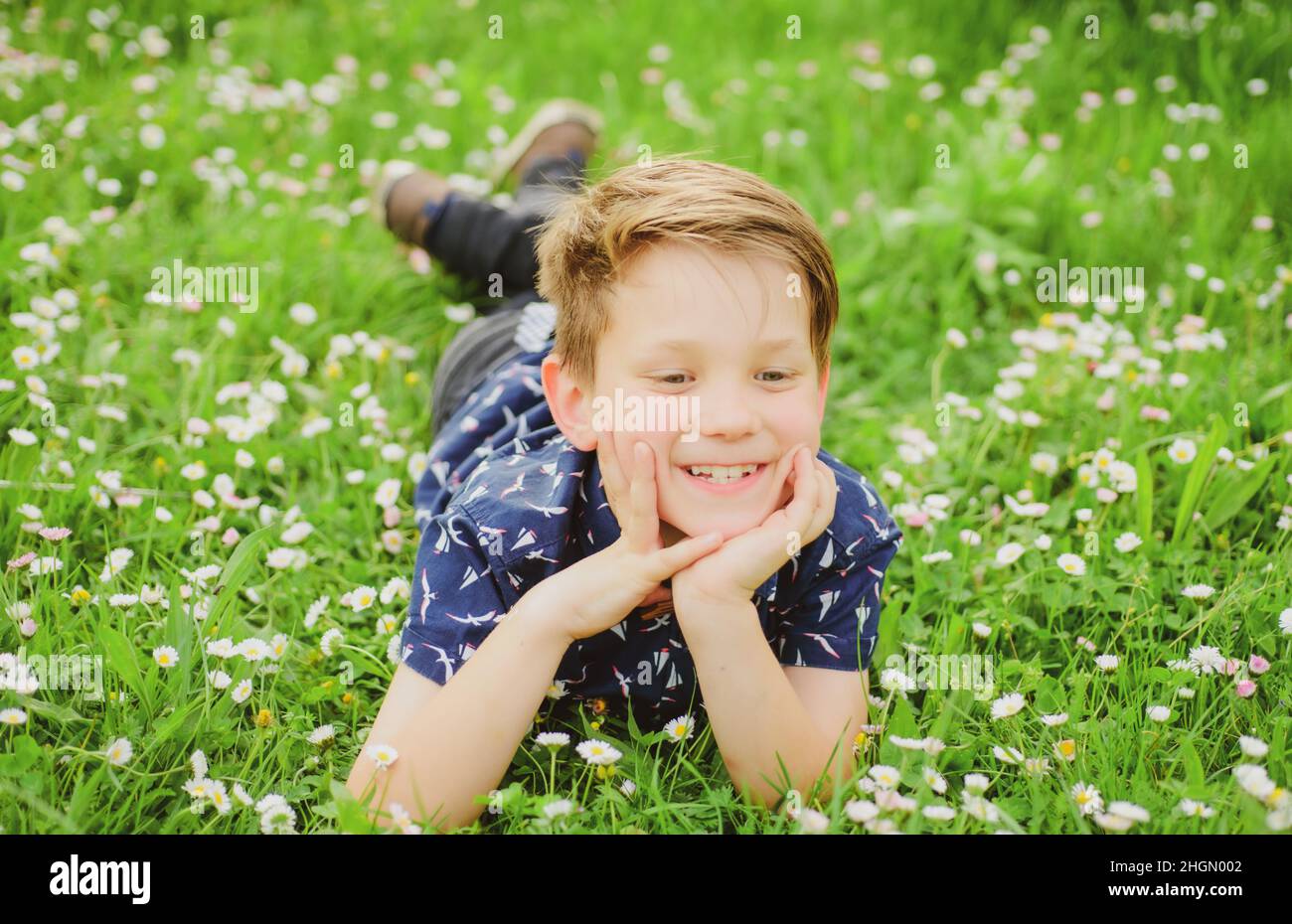 Spring boy on grass. Cute kid on field flower. Dreaming child Stock ...