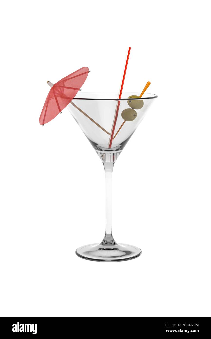 A martini glass with a straw, parasol and olives isolated on a white ...
