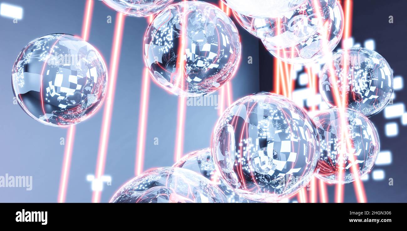 blue and orange neon laser beams with glass spheres balls with ...