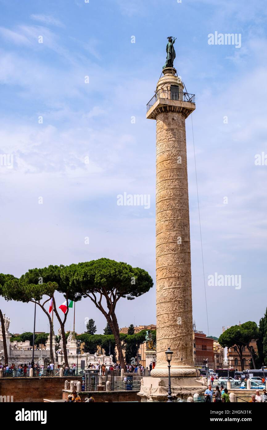 Rome, Italy - May 29, 2018: Column of Trajan Colonna Traiana aside Fori ...