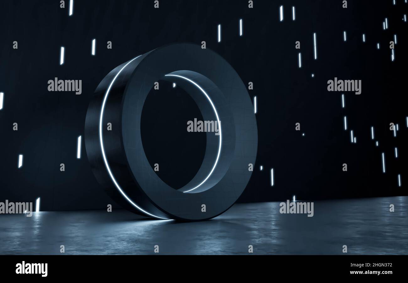 dark futuristic technology steel wheel geometric object with blue ...