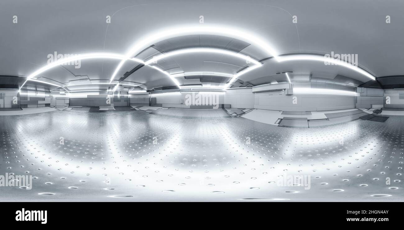 360 degree panorama of modern futuristic technology station space ship sci-fi laboratory. 3d ...
