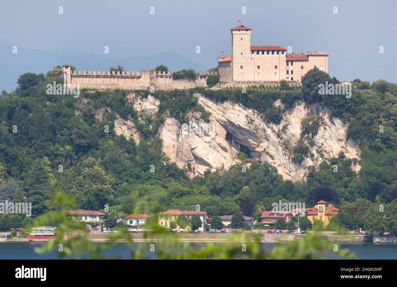 Picturesque lake Lago Maggiore in italy, view of Rocca di Angera castle ...