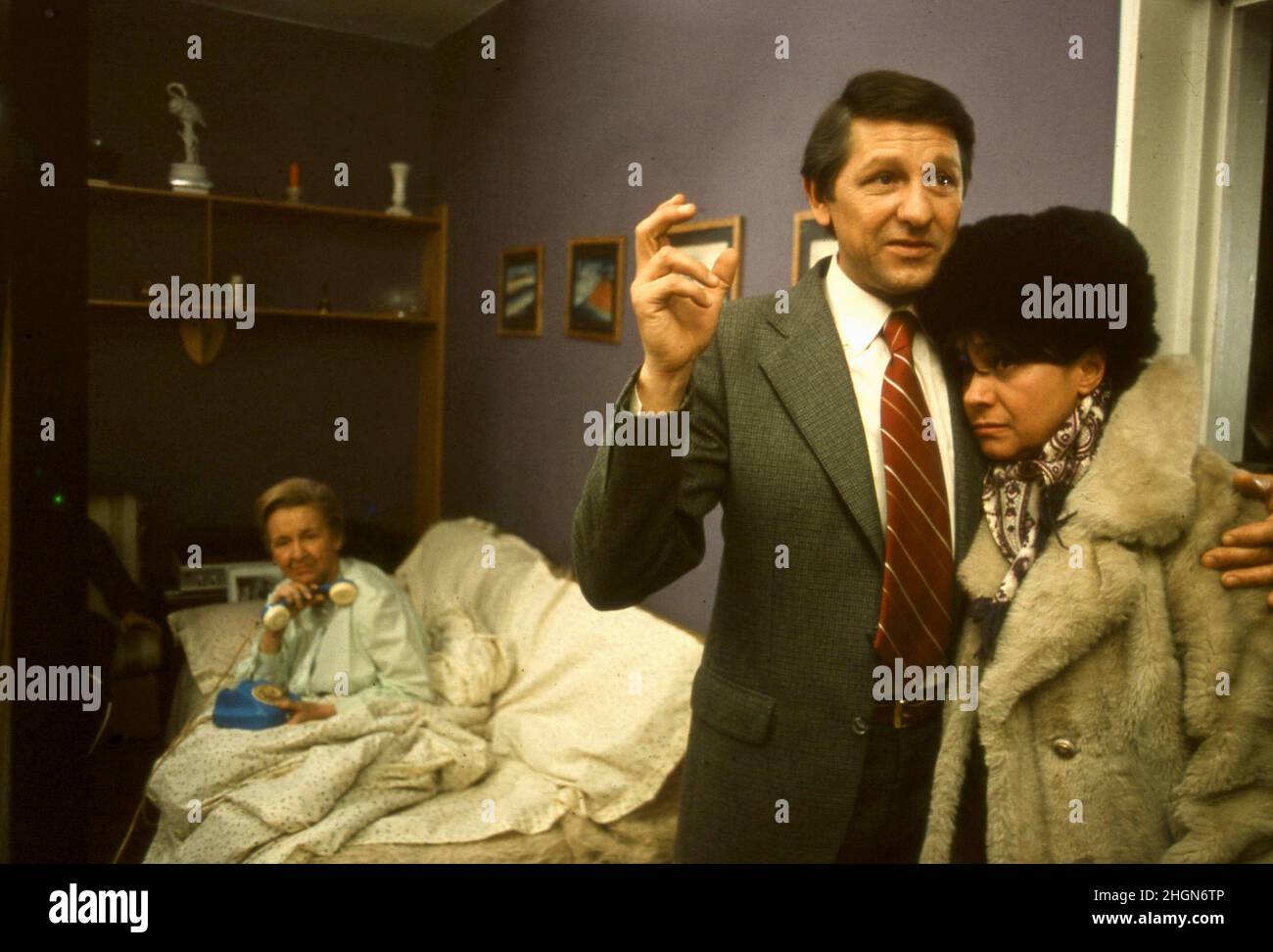 Romanian actors Sebastian Papaiani & Coca Andronescu during the filming ...