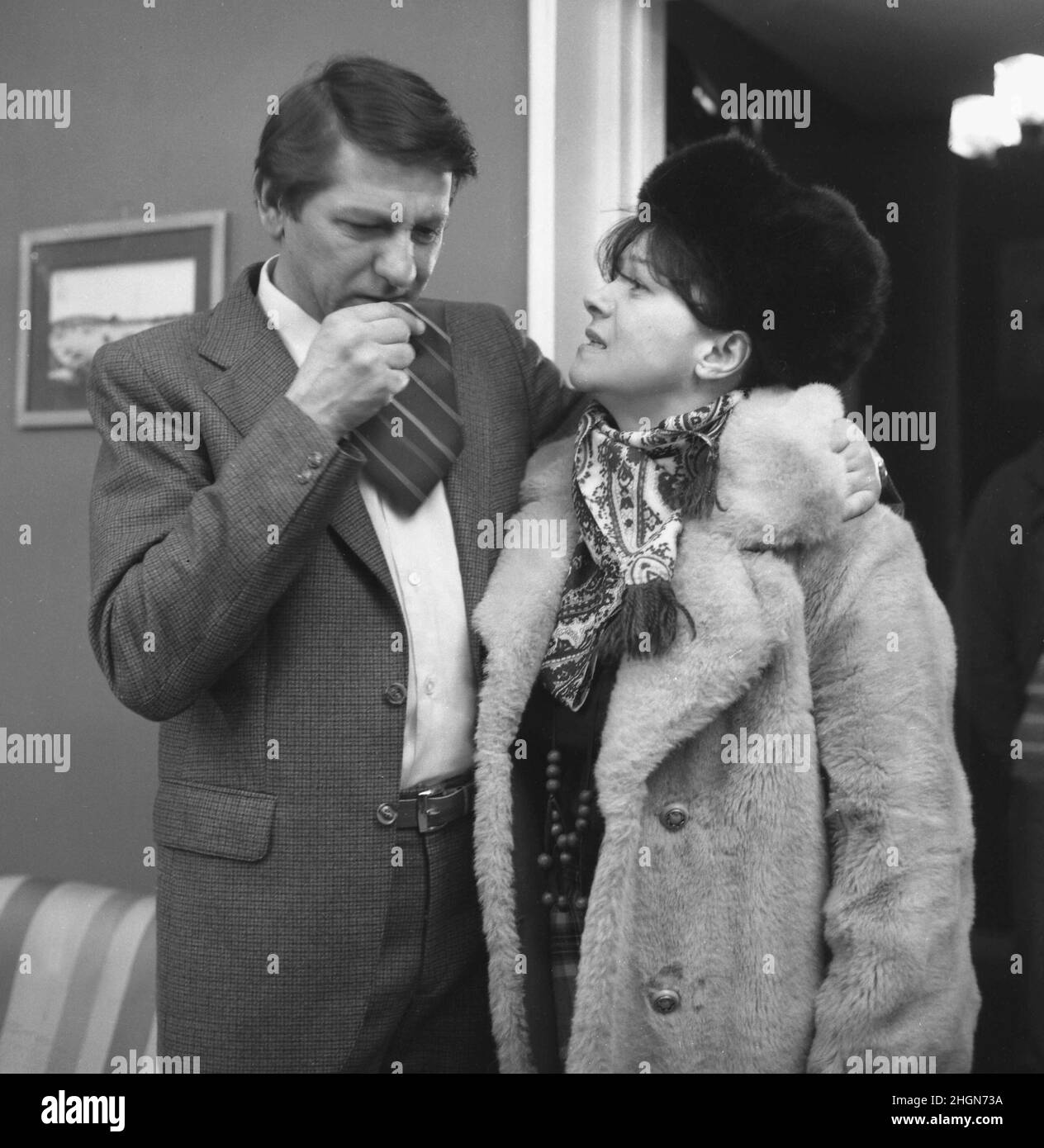 Romanian actors Sebastian Papaiani & Coca Andronescu during the filming ...