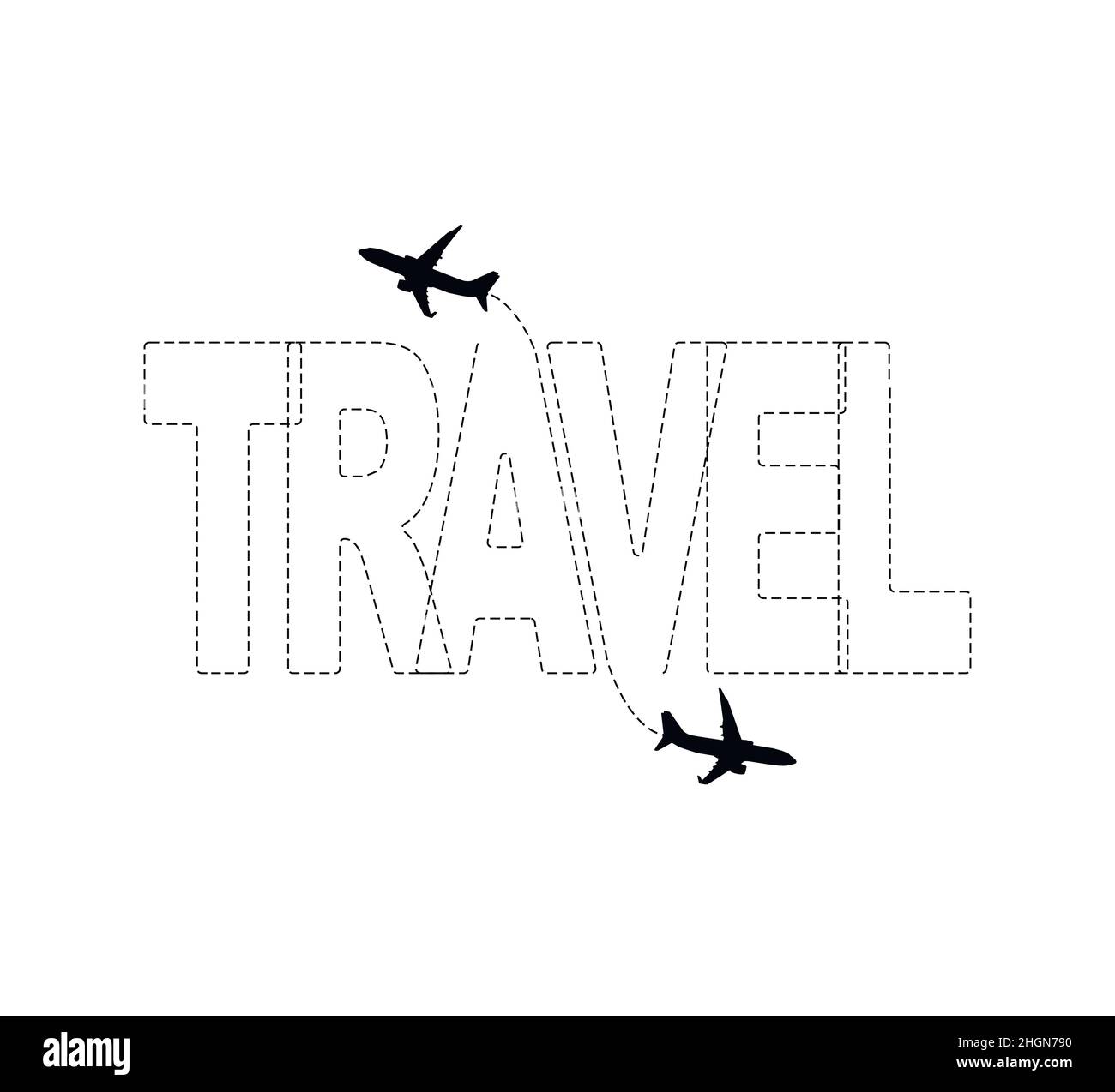 Travel concept. Dotted line travel inscription in the form of aircraft ...