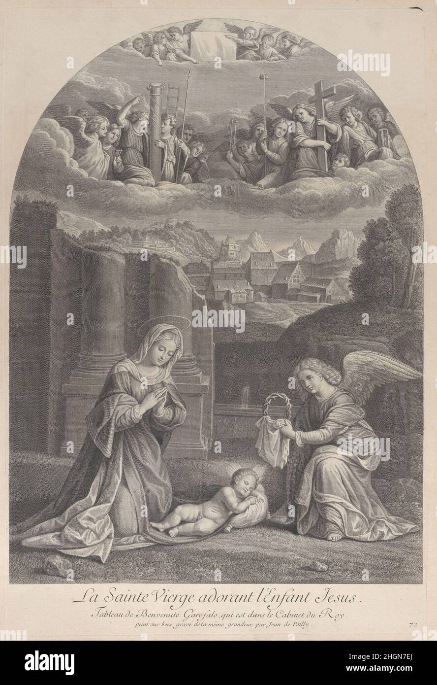 The Virgin Mary adoring the Christ child, an angel holding a crown of ...