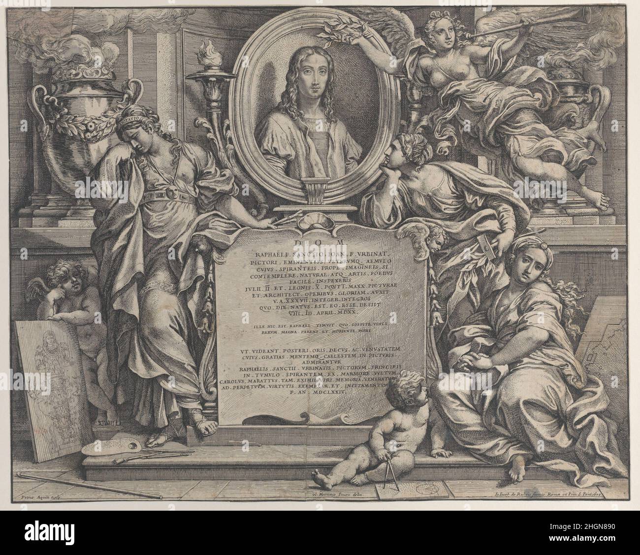 Frontispiece with oval portrait of Raphael, with three allegorical ...