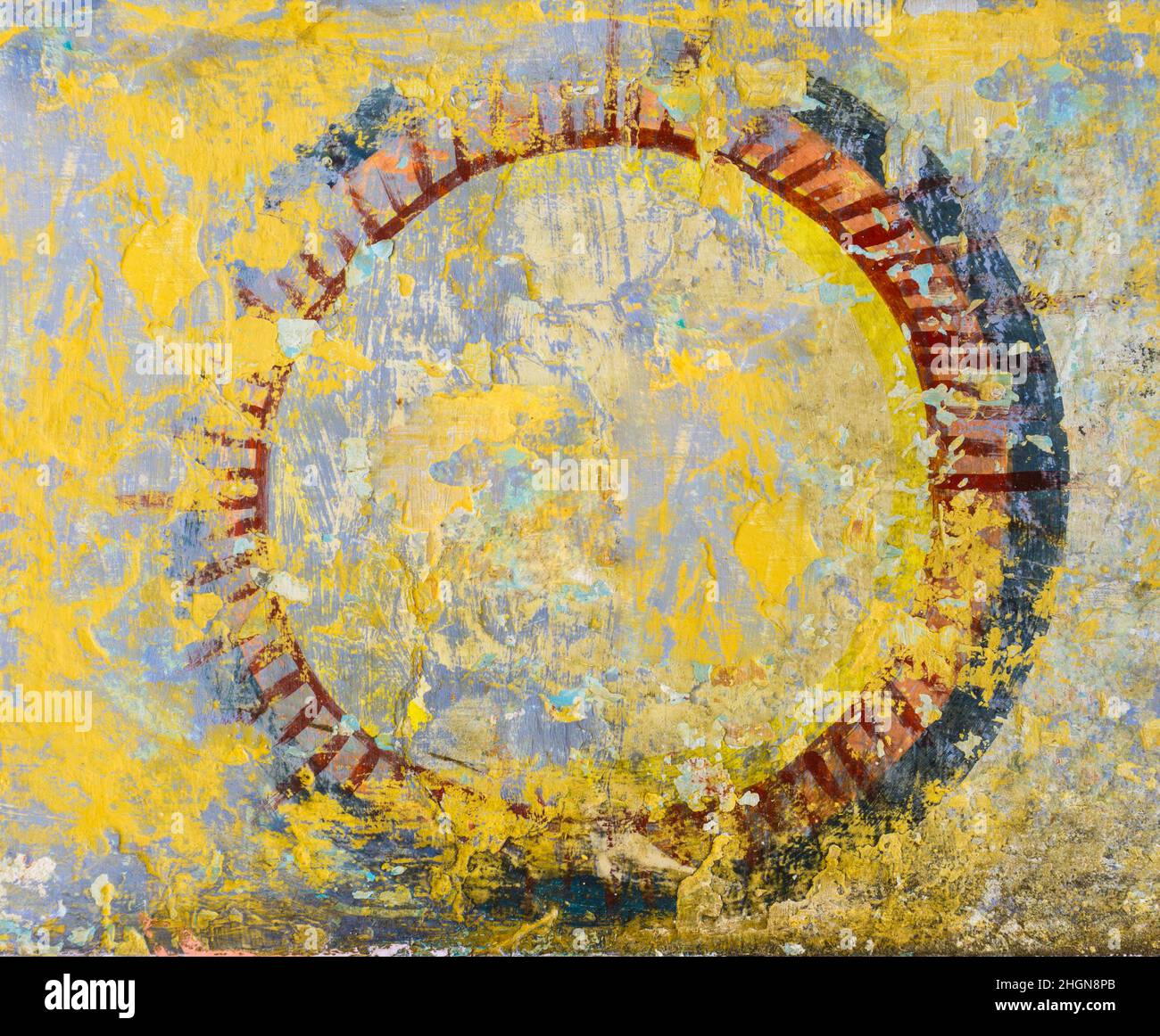 A striped red circle within a dark blue circle on an old yellow gray ...