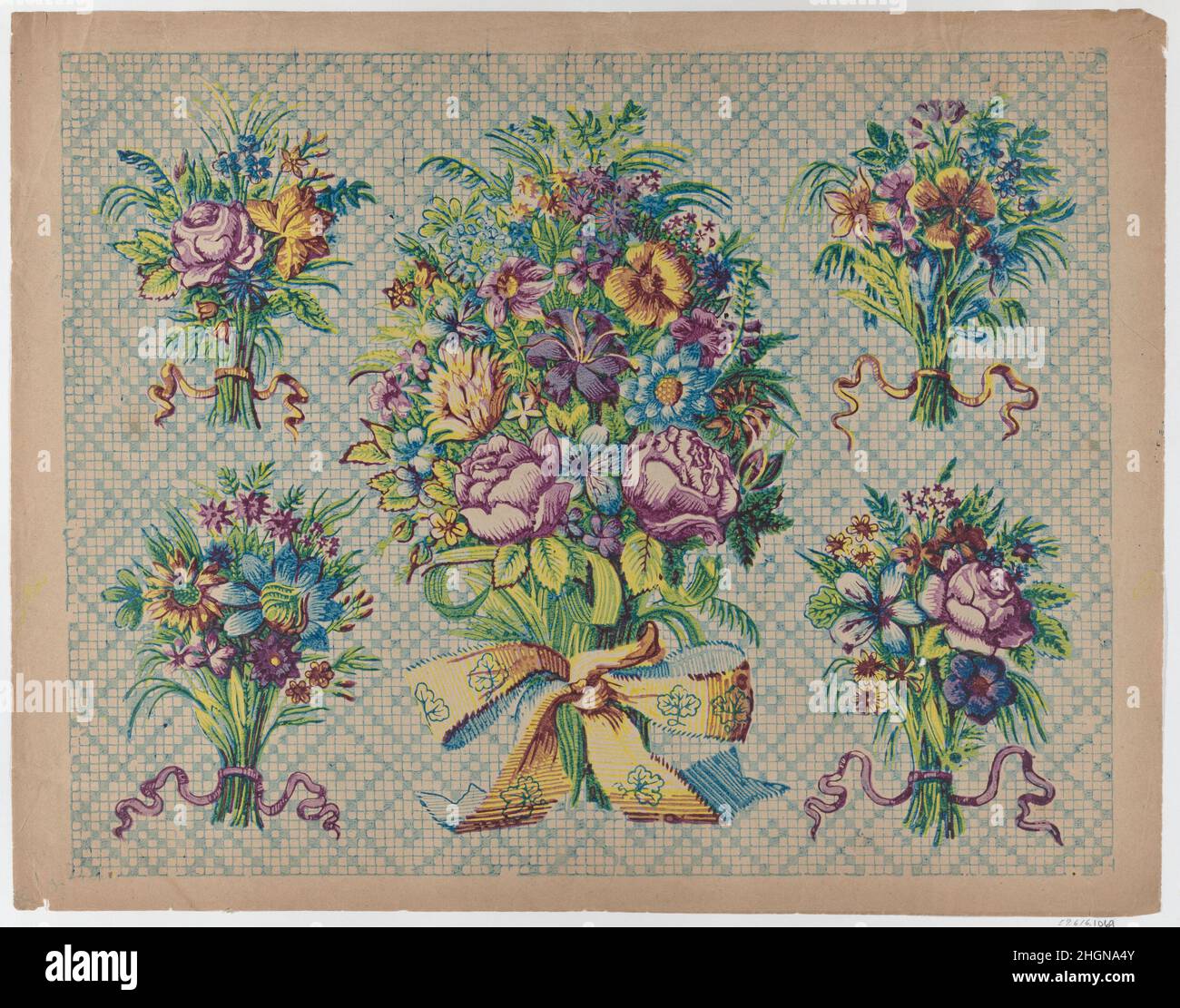 Sheet with five bouquets on a blue checkered background late 18th–mid ...