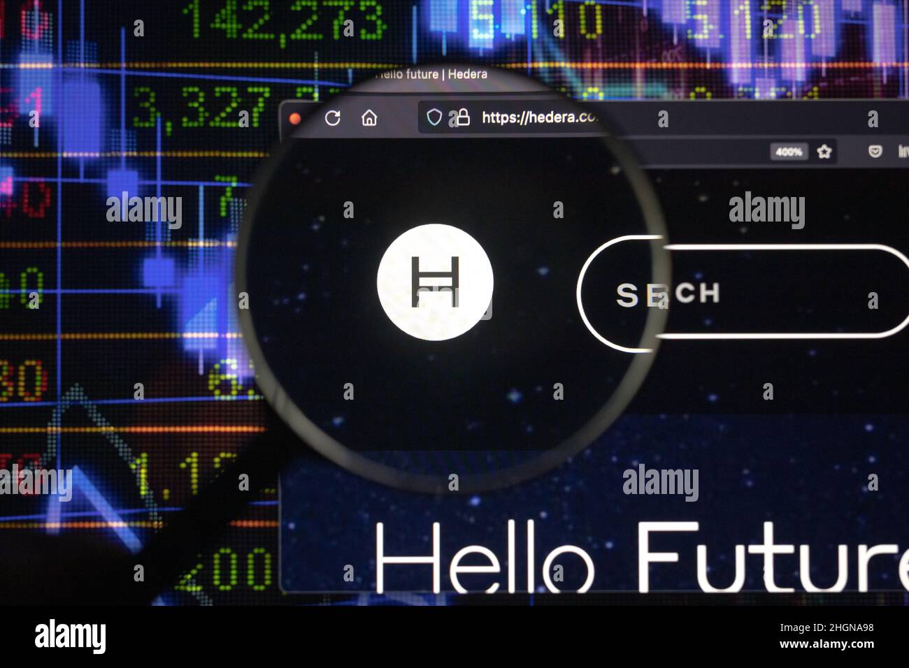Hedera crypto company logo on a website, seen on a computer screen ...