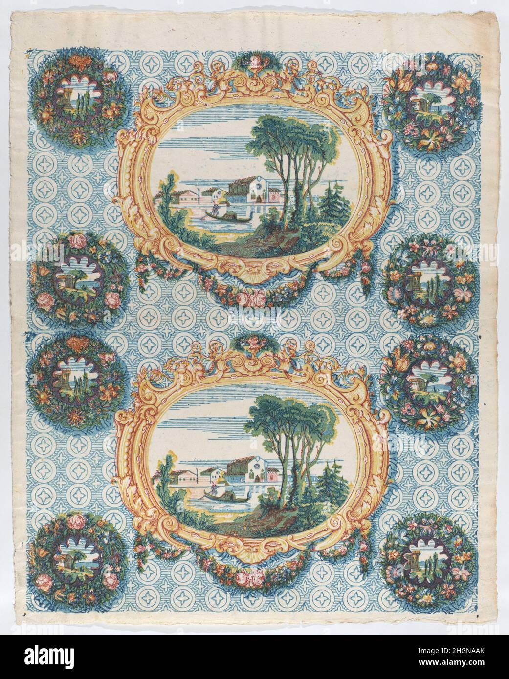 Sheet with two borders with landscapes within frames and wreaths late ...