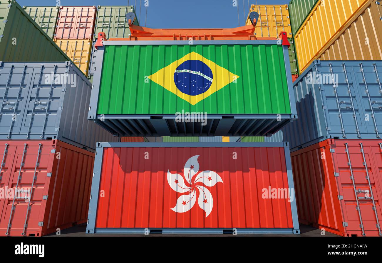 Freight containers with Hong Kong and Brazil national flags. 3D ...