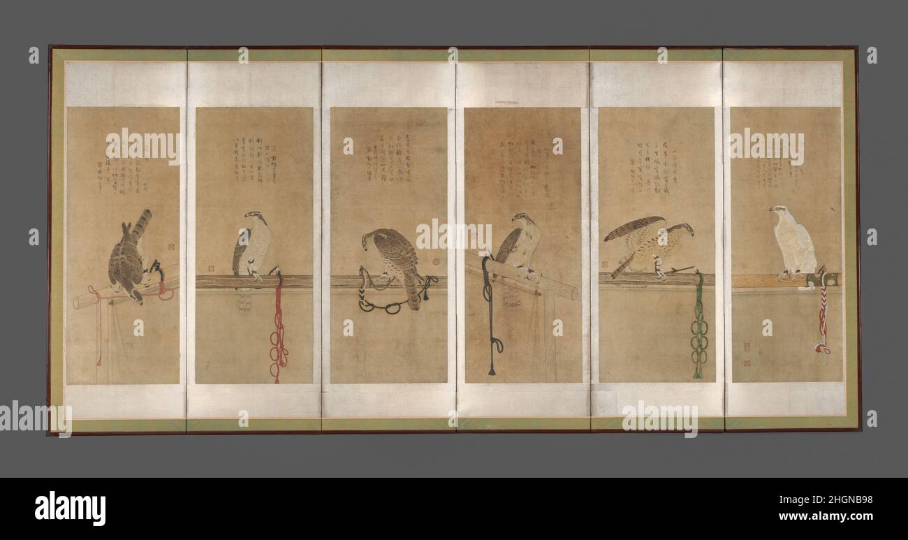 Tethered Hawks before 1606 Soga Chokuan Hawks tethered to their perches ...