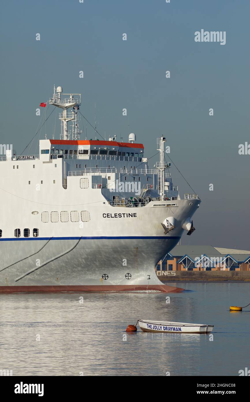 The Ro-Ro cargo ship ,Celestine' on the river Thames leaving London ...
