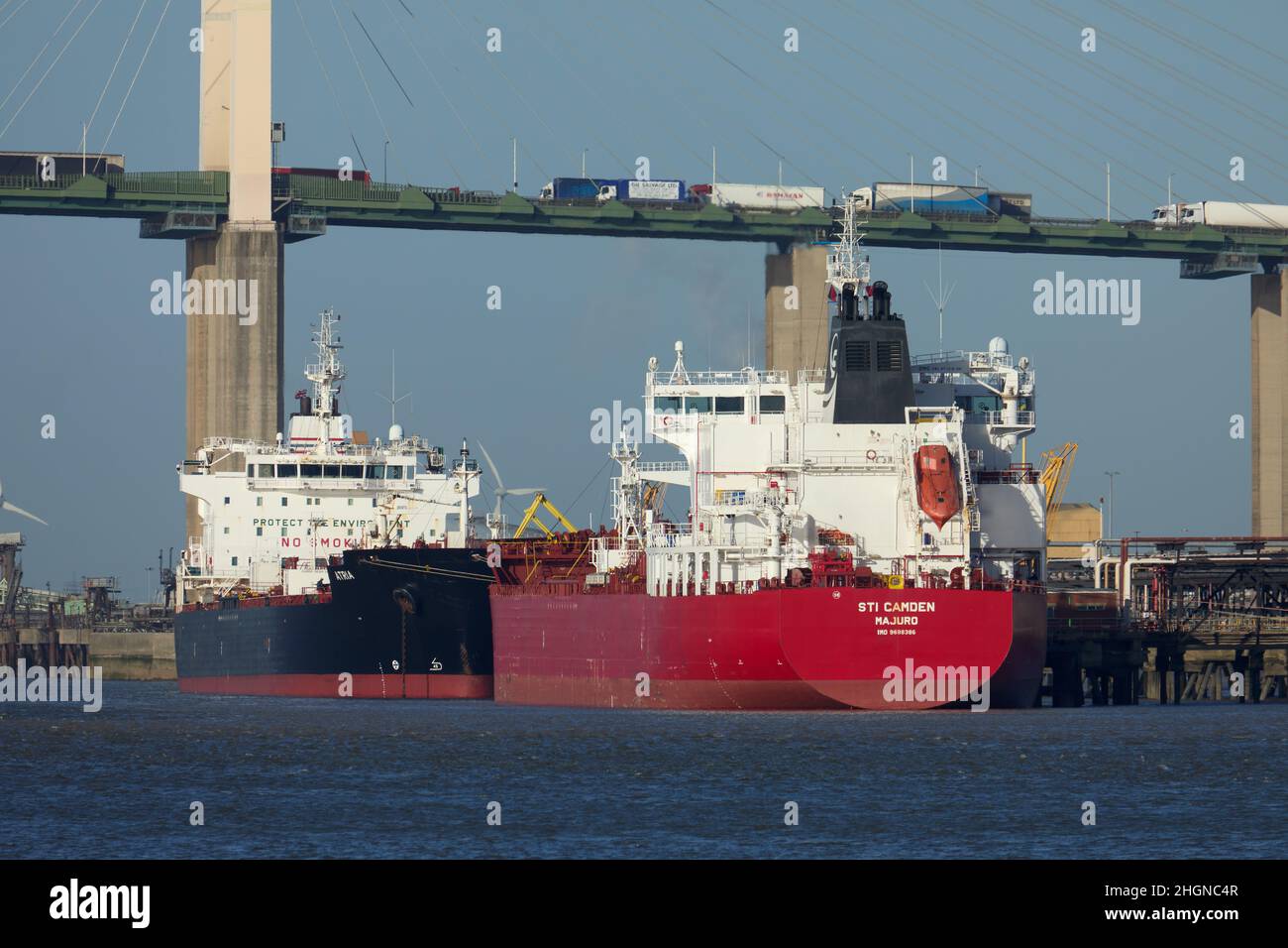 Ships moored at Purfleet docks, with the Dartford Bridge in the ...