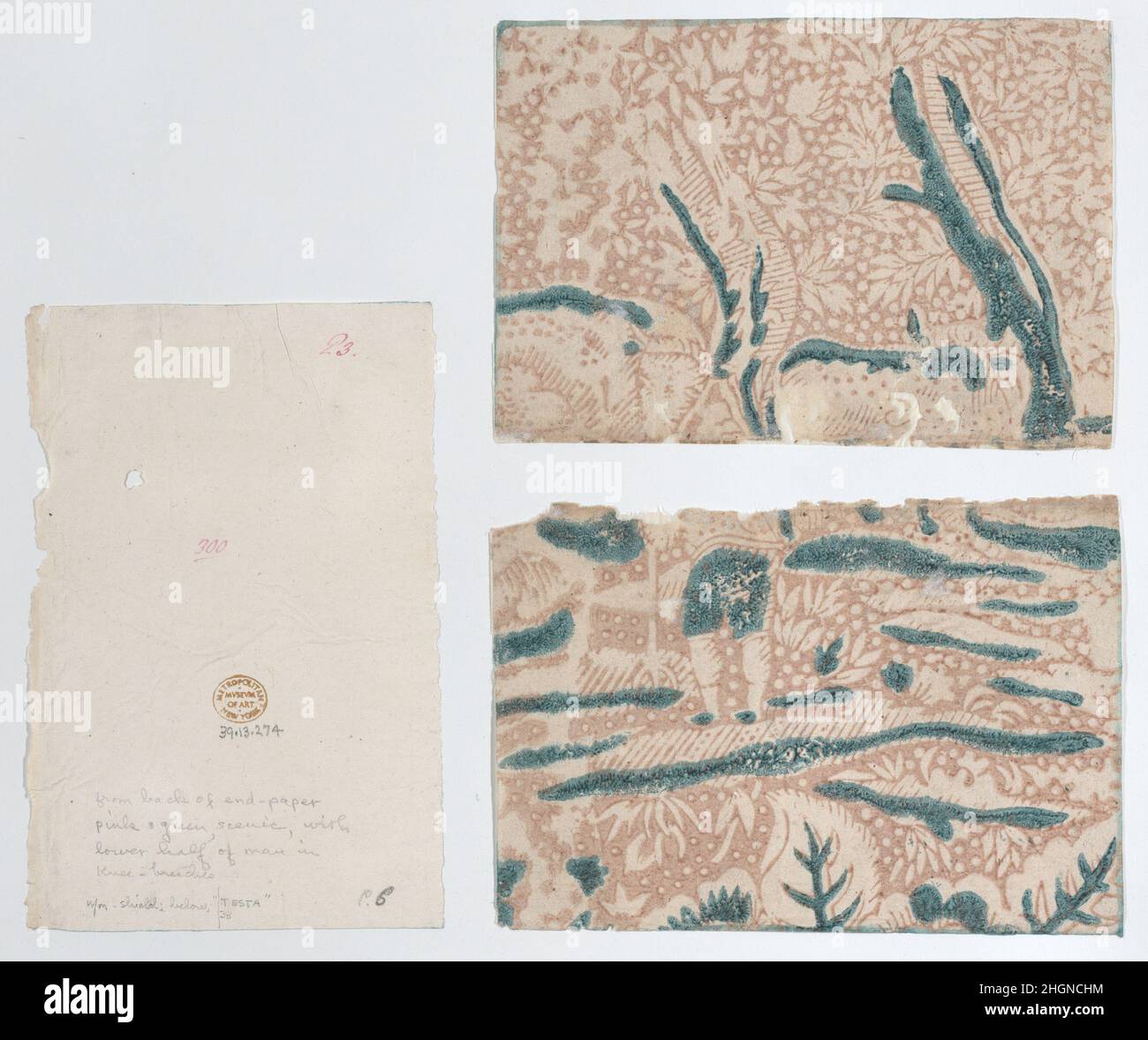 Sheet in two sections with pink and green scenic pattern 18th century ...