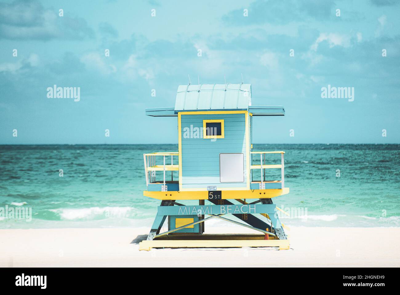 Miami South Beach skyline. Lifeguard tower in colorful Art Deco style ...