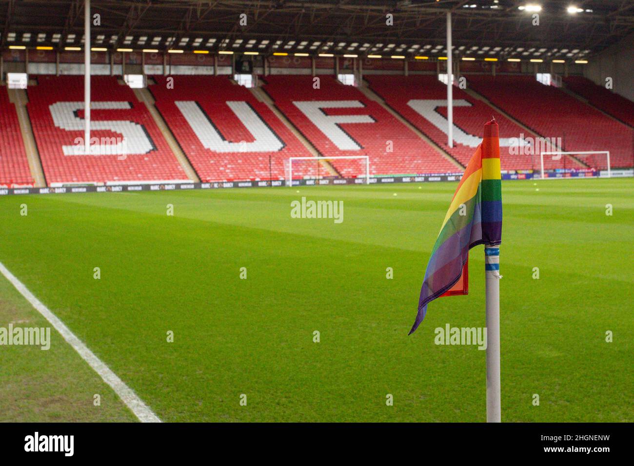 Sheffield, UK. 22nd Jan, 2022. A corner flag with the rainbow colours ...