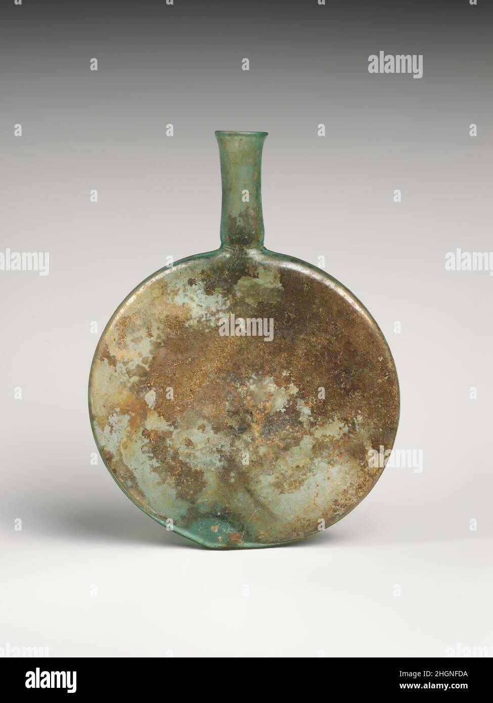 Glass lentoid bottle ca. 3rd century A.D. Roman Translucent blue green ...