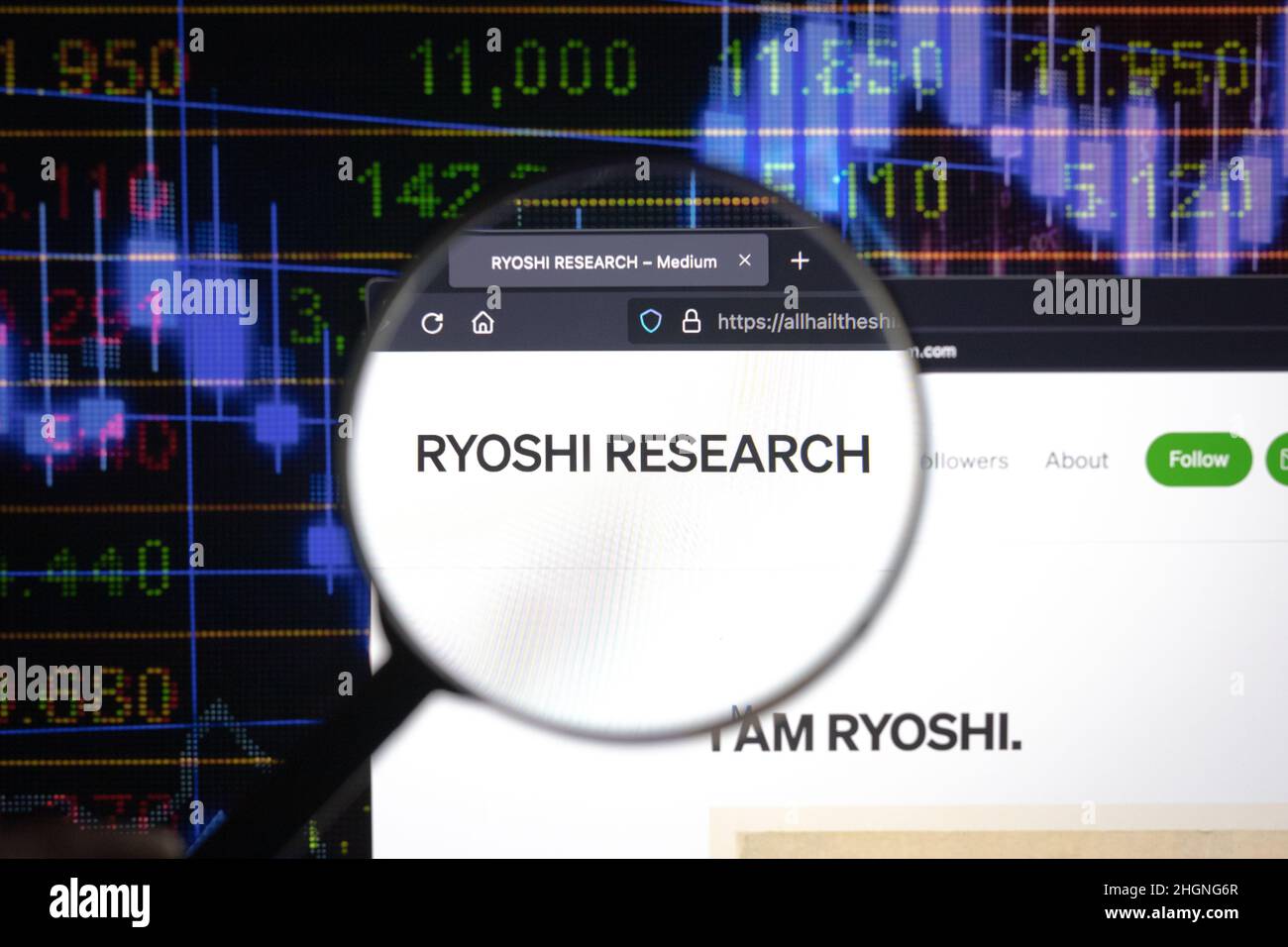 Ryoshi Research crypto company logo on a website, seen on a computer screen through a magnifying ...