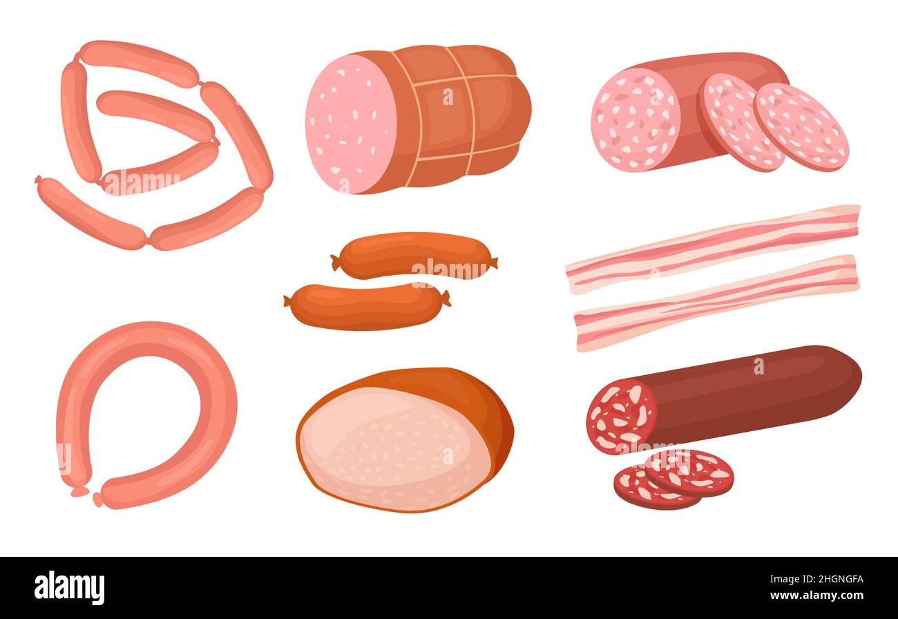 Cartoon meat products collection sausages and frankfurter. Vector meat ...