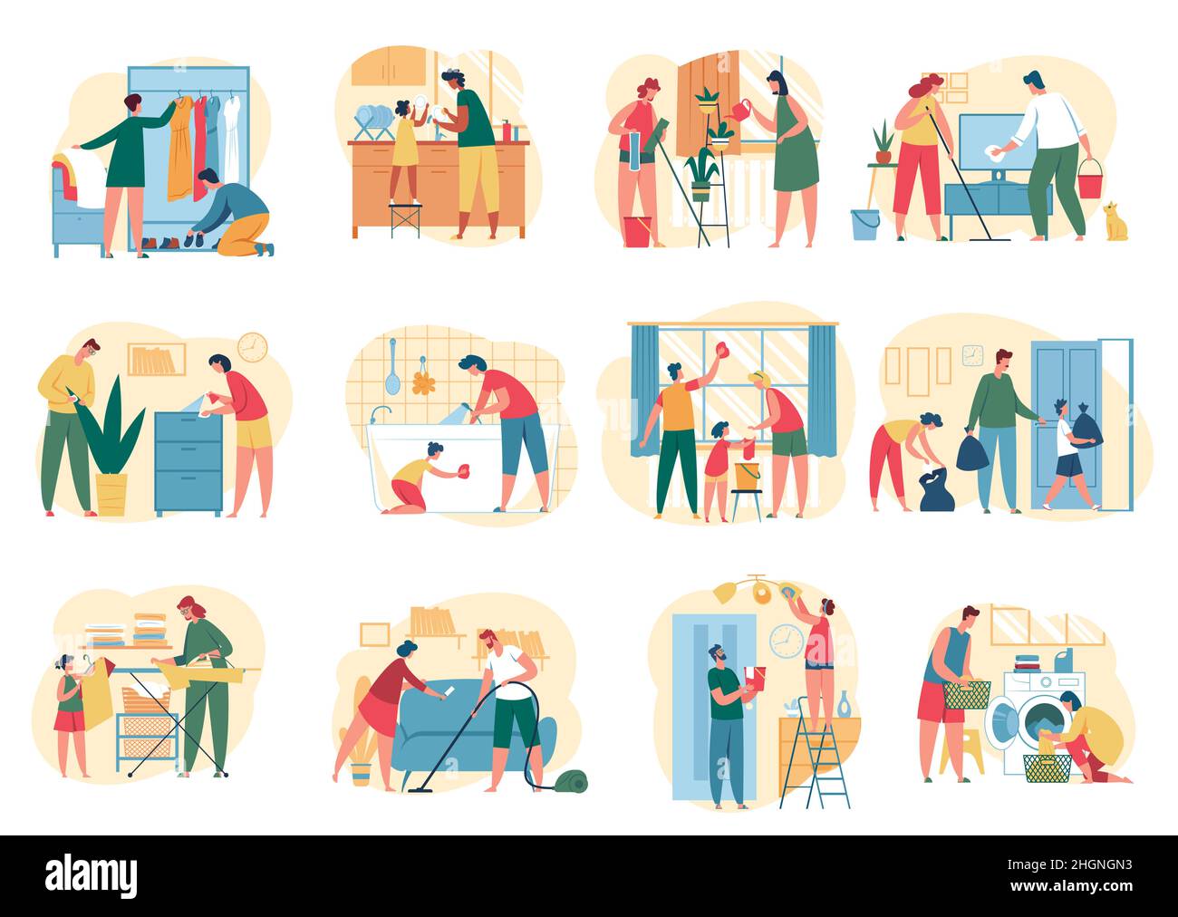 People family cleaning house with mop vacuum. Vector domestic and ...