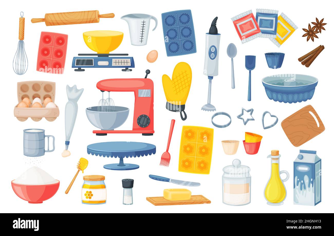 Cartoon cooking tools and baking ingredients collection. Cooking cake ...