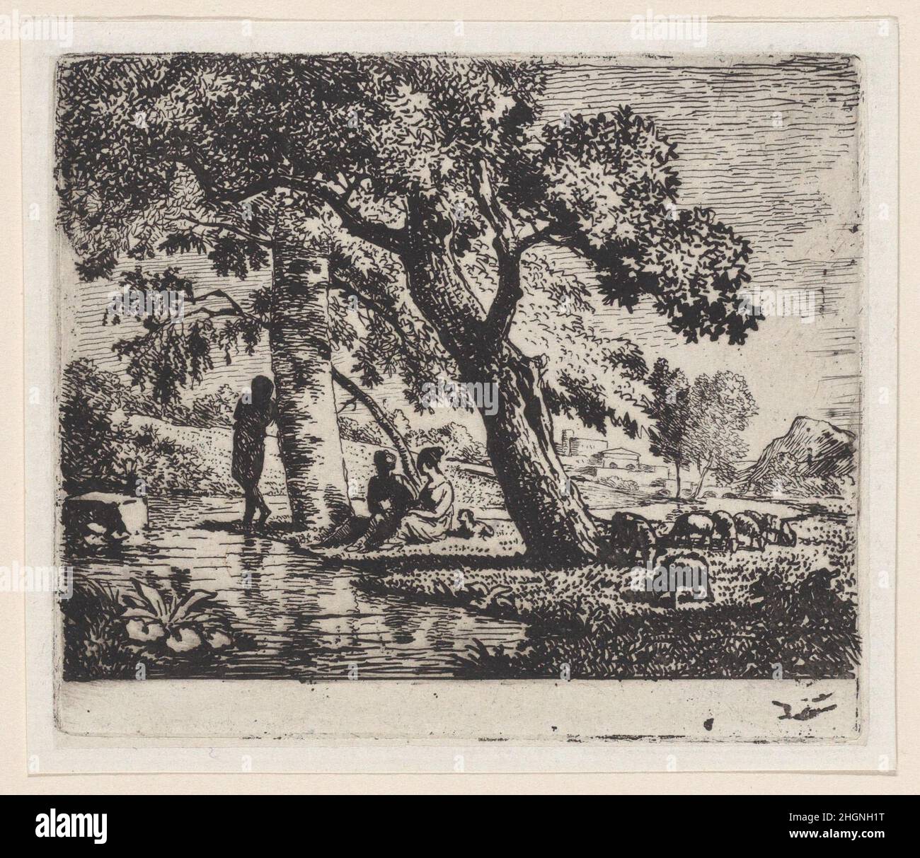 Three figures seated beneath a tree with a body of water at left and ...